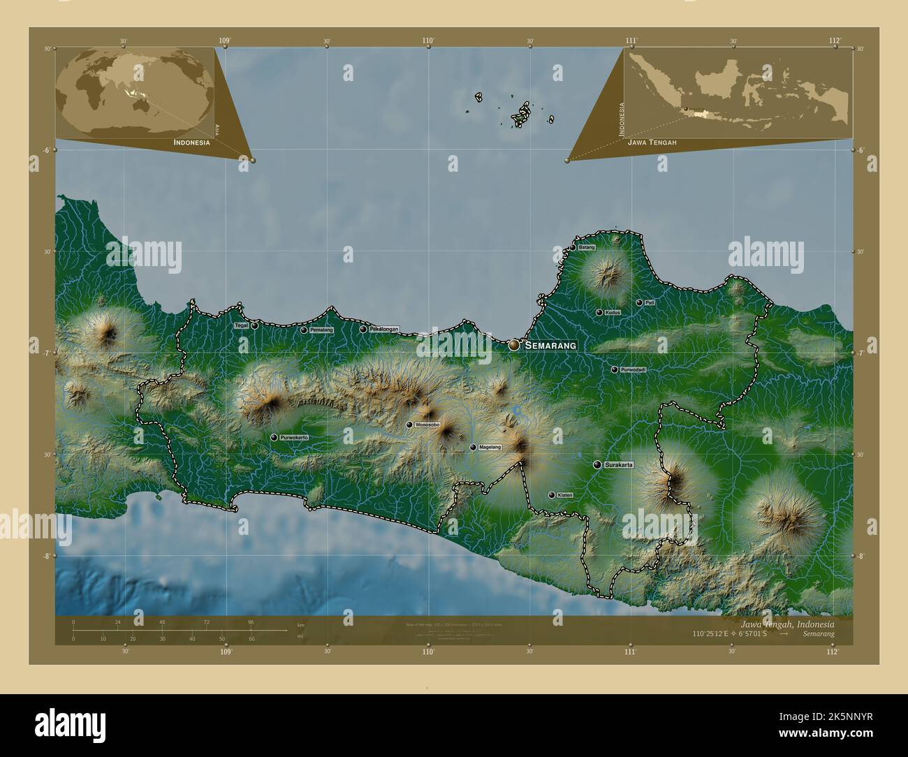 Jawa Tengah, city of Indonesia. Colored elevation map with lakes and ...