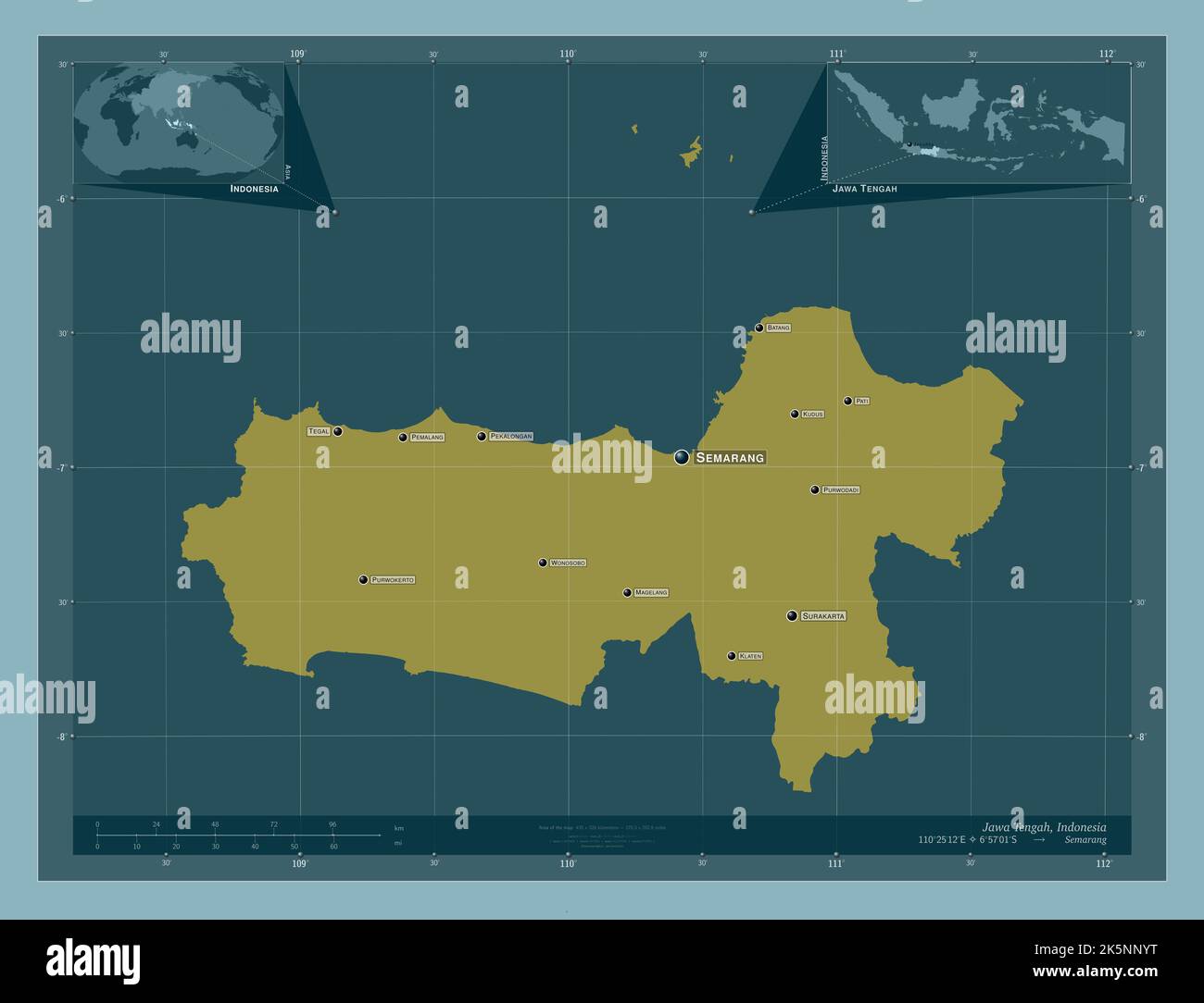 Jawa Tengah, city of Indonesia. Solid color shape. Locations and names ...