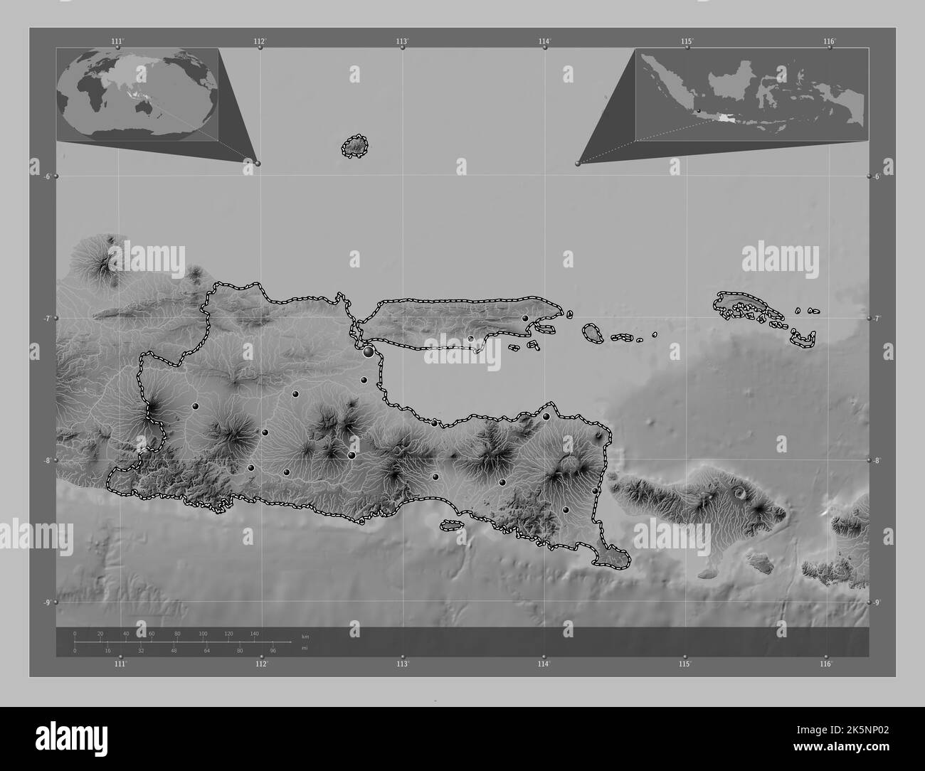 Jawa Timur, province of Indonesia. Grayscale elevation map with lakes ...