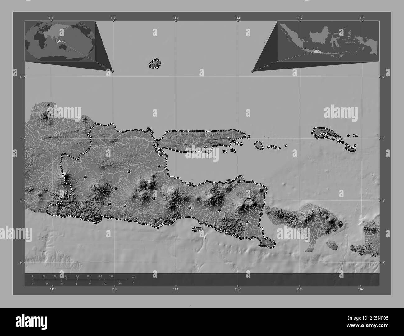 Jawa Timur, province of Indonesia. Bilevel elevation map with lakes and ...