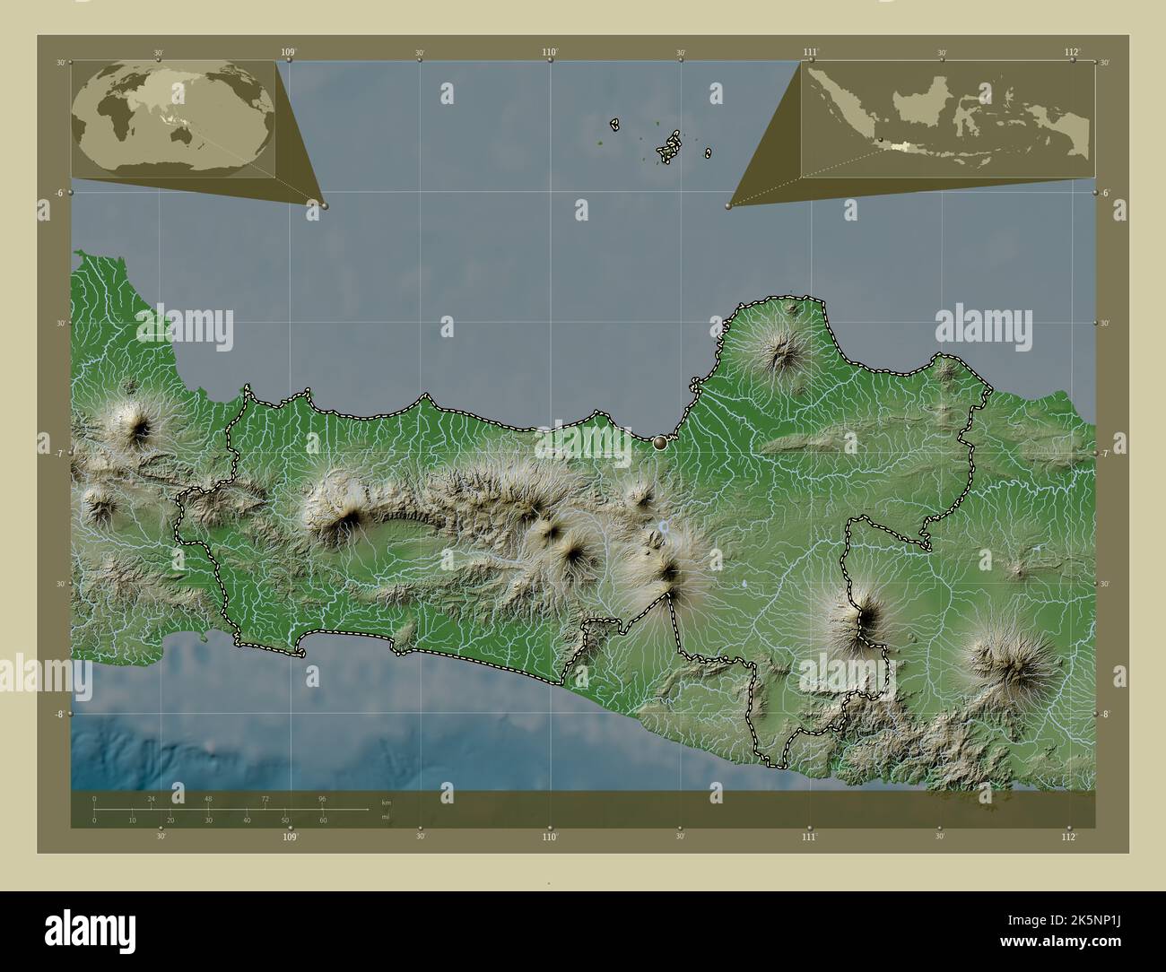Jawa Tengah, city of Indonesia. Elevation map colored in wiki style ...