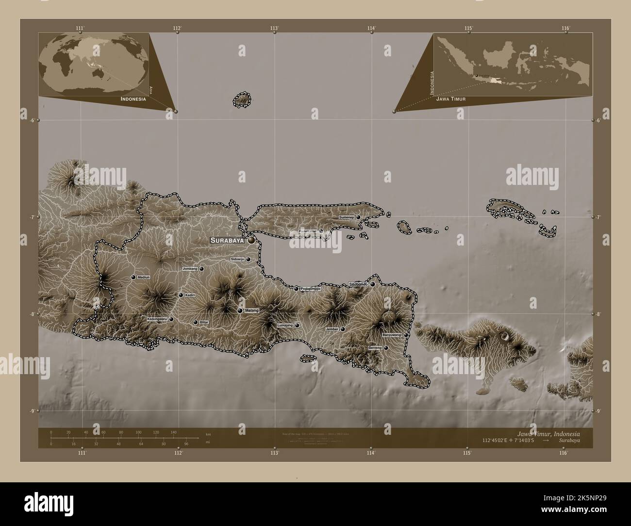 Jawa Timur, province of Indonesia. Elevation map colored in sepia tones ...