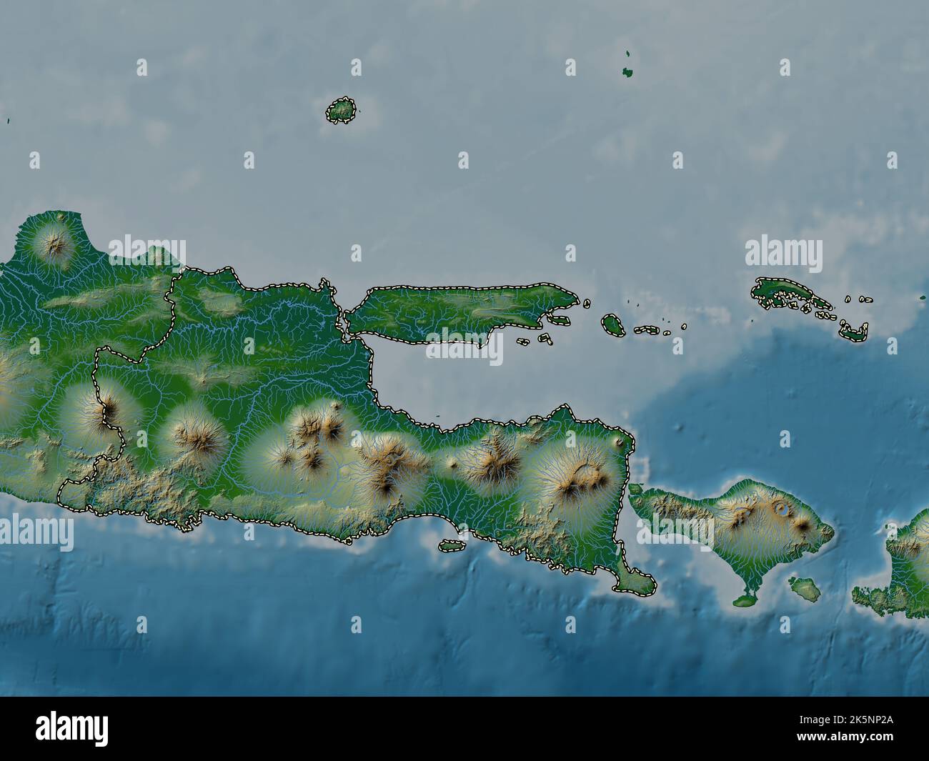 Jawa Timur, province of Indonesia. Colored elevation map with lakes and ...