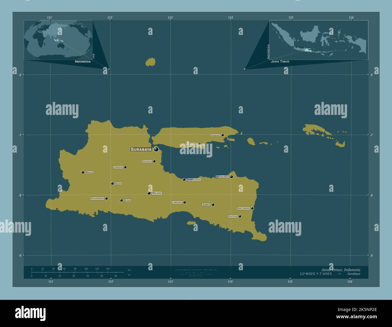 Jawa Timur, province of Indonesia. Solid color shape. Locations and ...