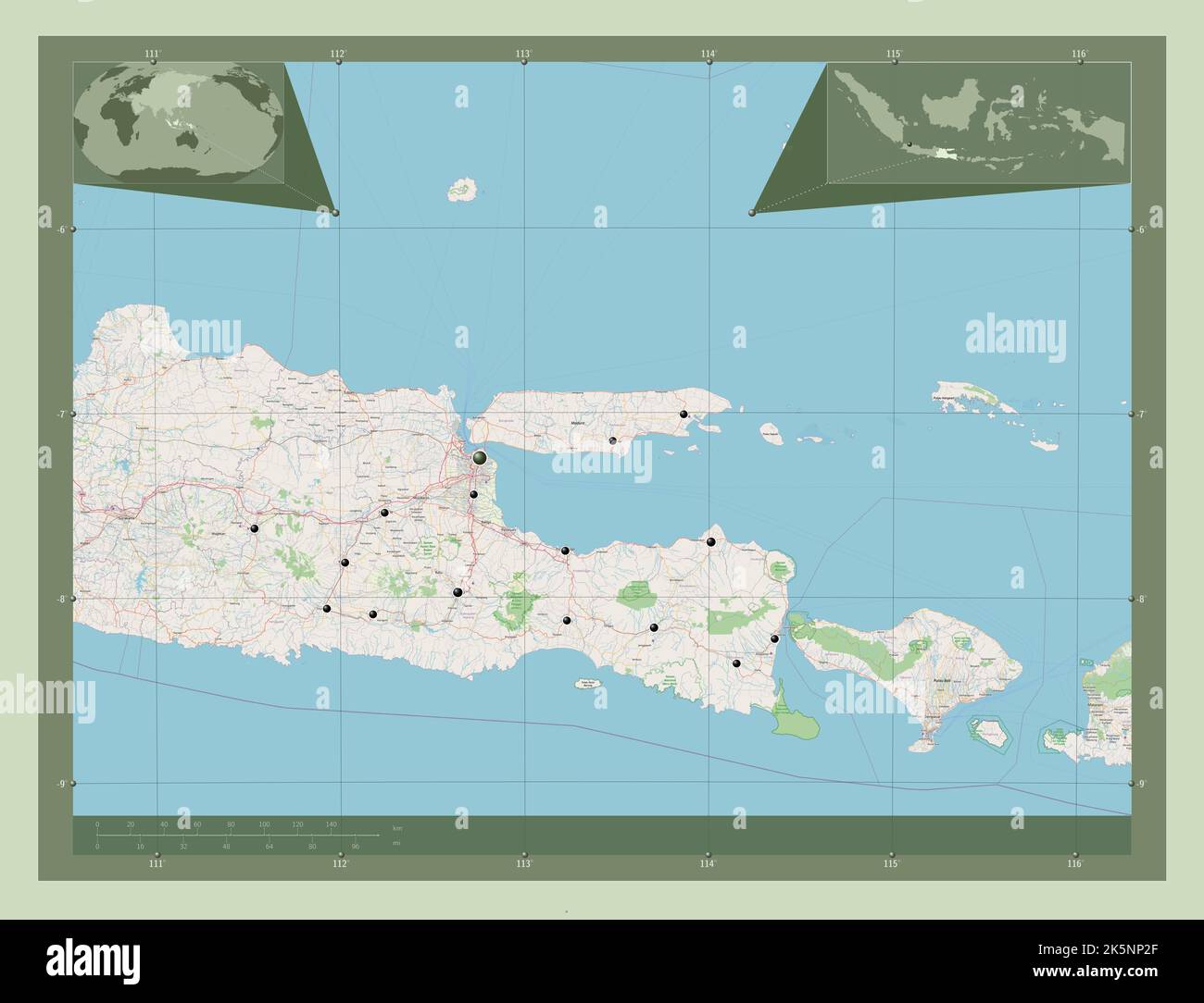 Jawa Timur, province of Indonesia. Open Street Map. Locations of major ...