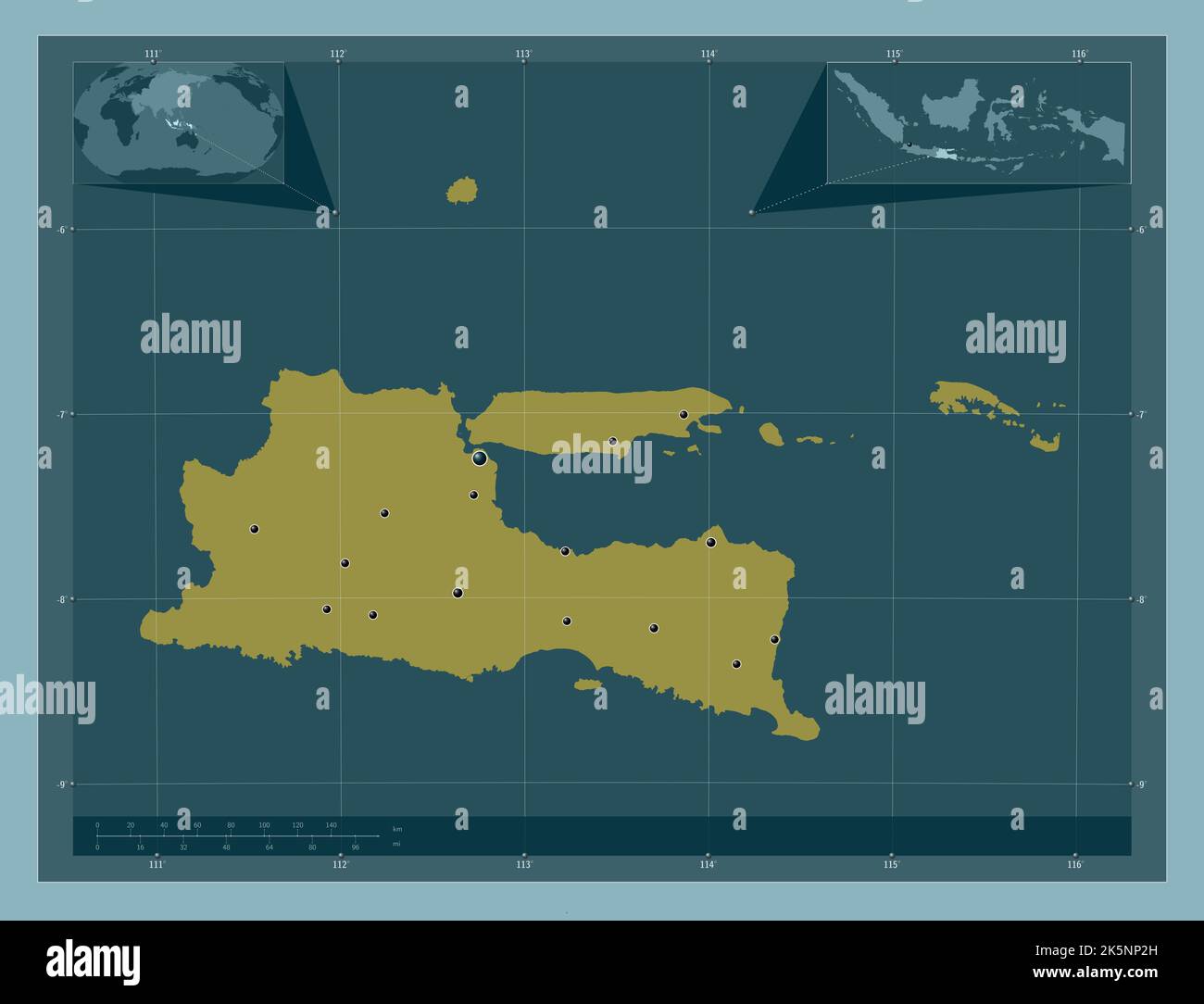 Jawa Timur, province of Indonesia. Solid color shape. Locations of ...
