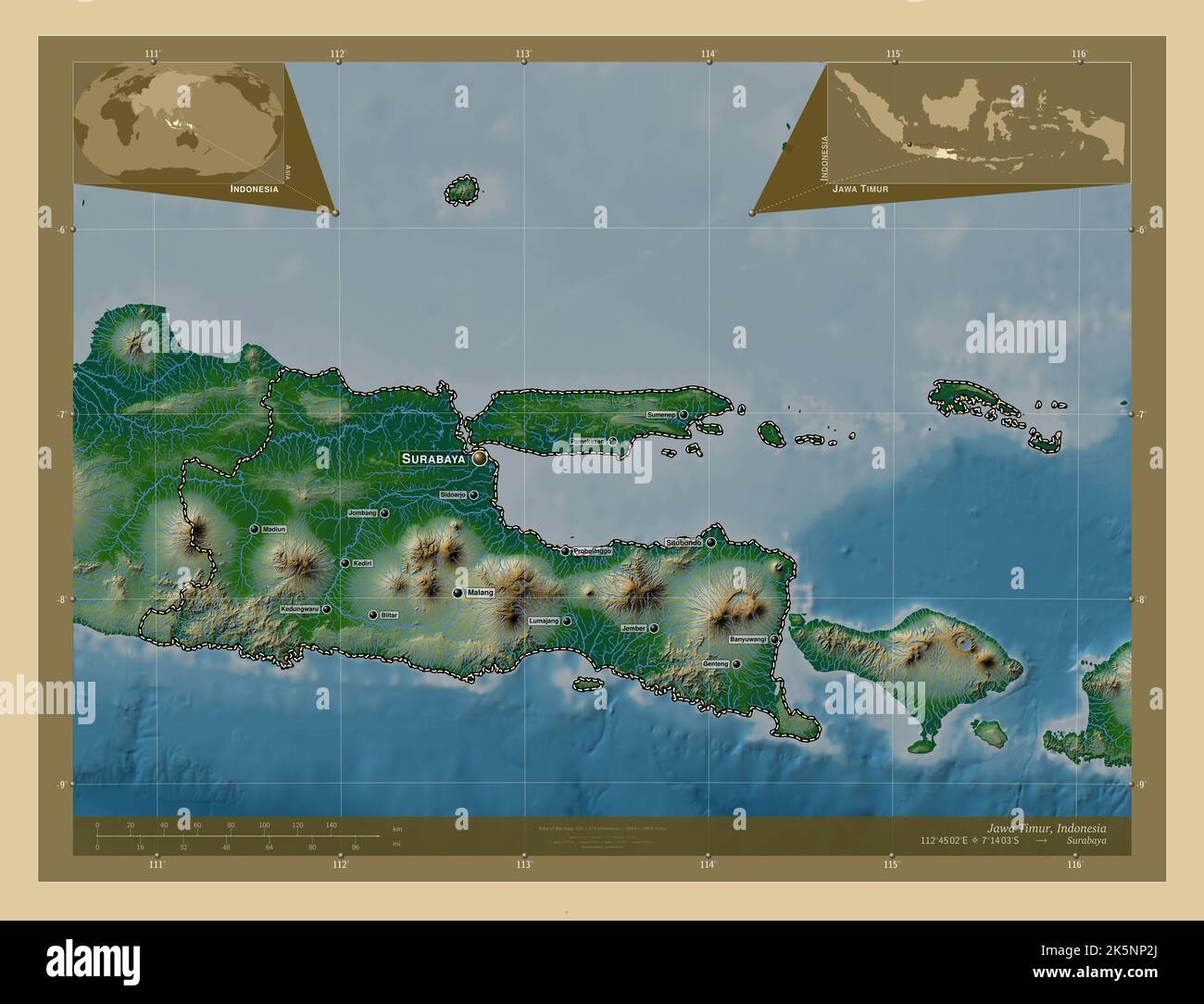 Jawa Timur, province of Indonesia. Colored elevation map with lakes and ...