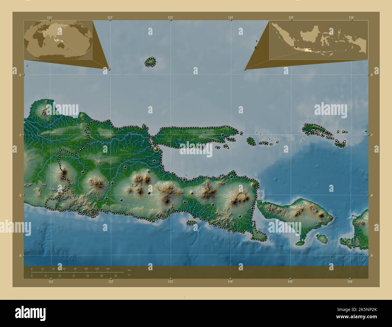 Jawa Timur, province of Indonesia. Colored elevation map with lakes and ...