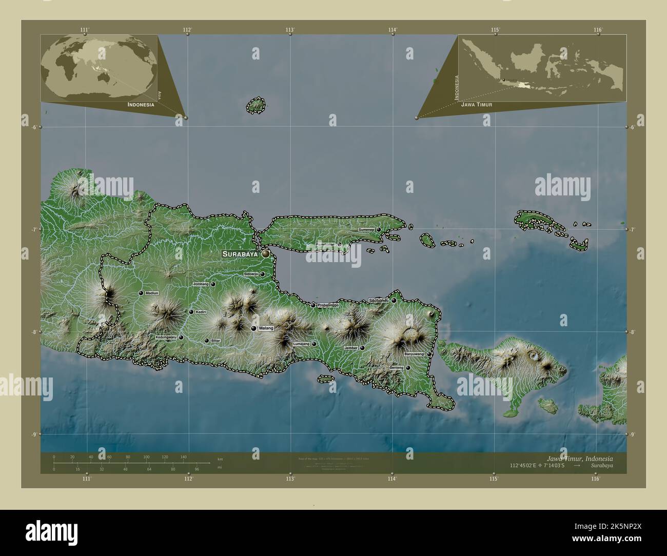 Jawa Timur, province of Indonesia. Elevation map colored in wiki style ...