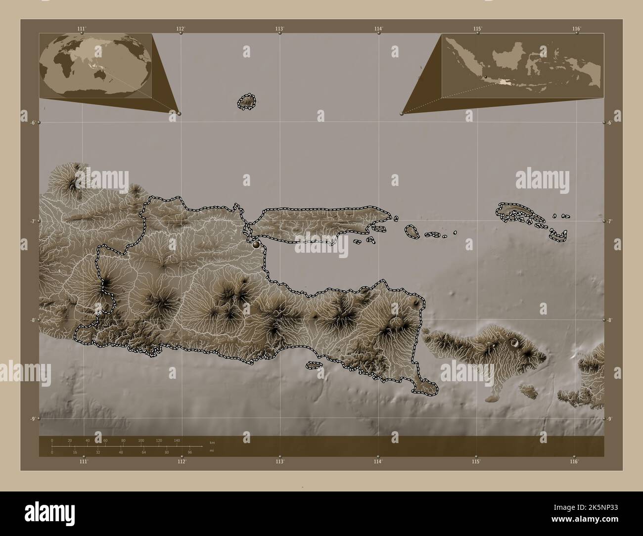 Jawa Timur, province of Indonesia. Elevation map colored in sepia tones ...