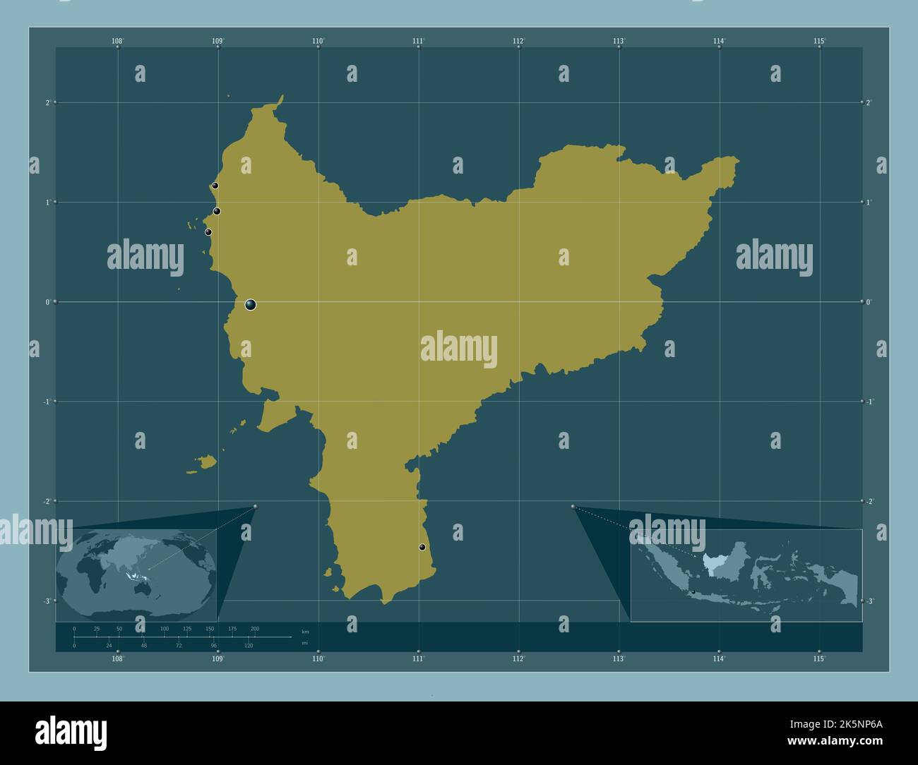 Kalimantan Barat, province of Indonesia. Solid color shape. Locations ...