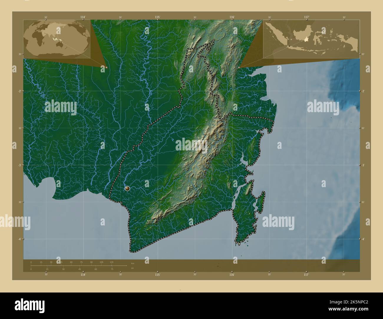 Kalimantan Selatan, province of Indonesia. Colored elevation map with ...