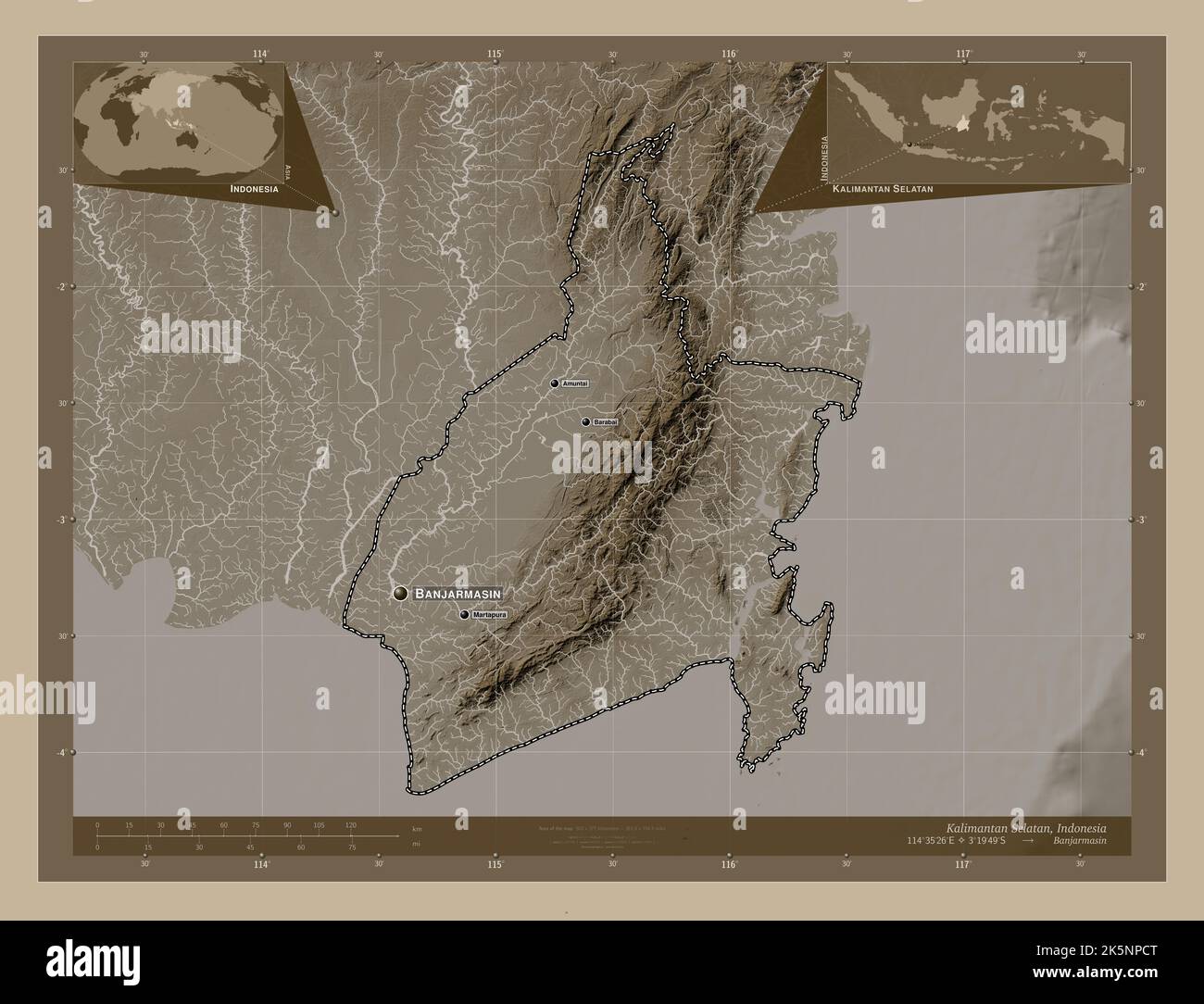 Kalimantan Selatan, province of Indonesia. Elevation map colored in ...