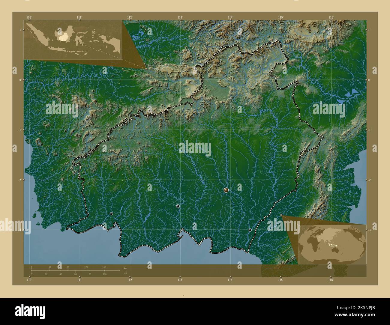 Kalimantan Tengah, province of Indonesia. Colored elevation map with ...