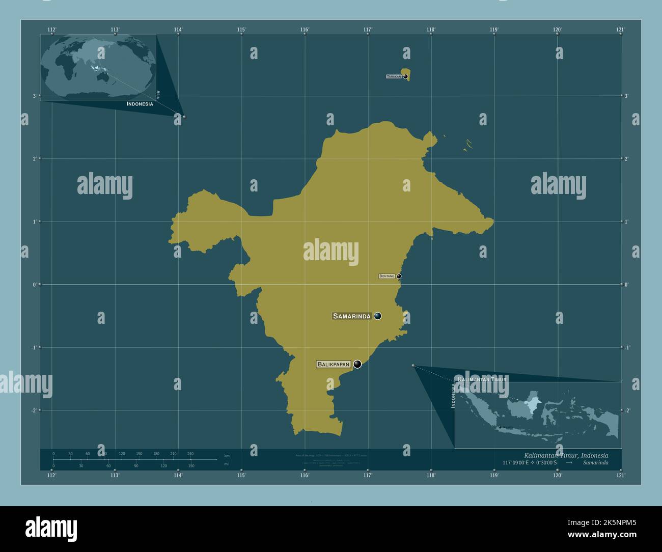 Kalimantan Timur, province of Indonesia. Solid color shape. Locations ...
