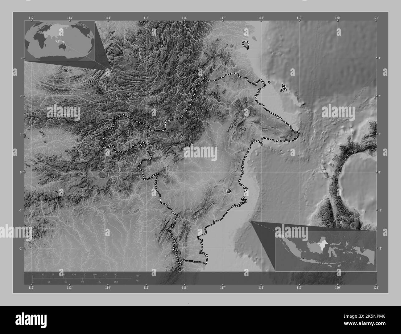 Kalimantan Timur, province of Indonesia. Grayscale elevation map with ...