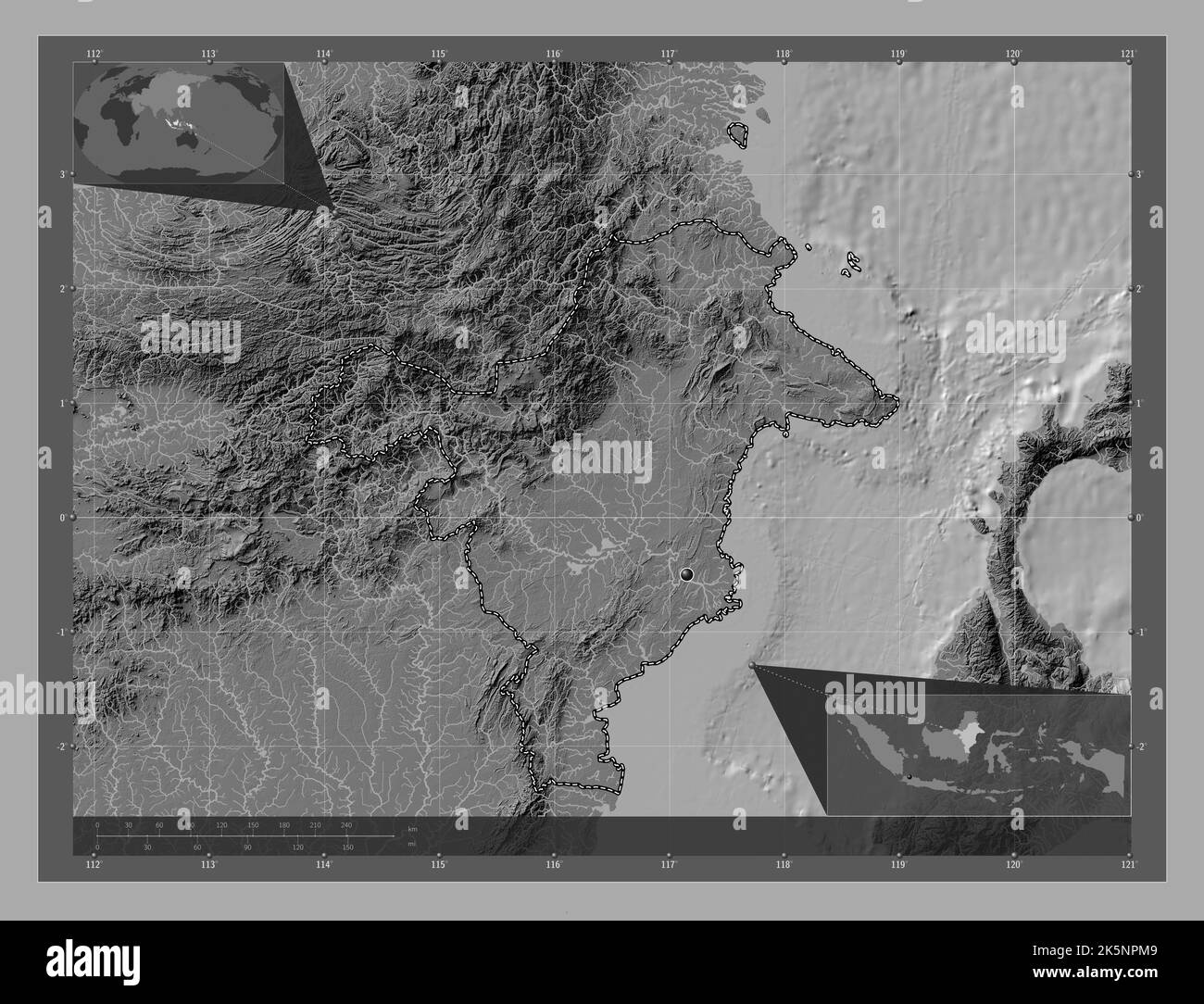 Kalimantan Timur, province of Indonesia. Bilevel elevation map with ...