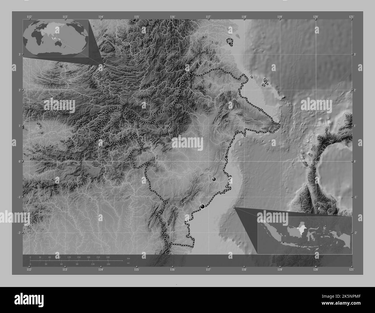 Kalimantan Timur, province of Indonesia. Grayscale elevation map with ...