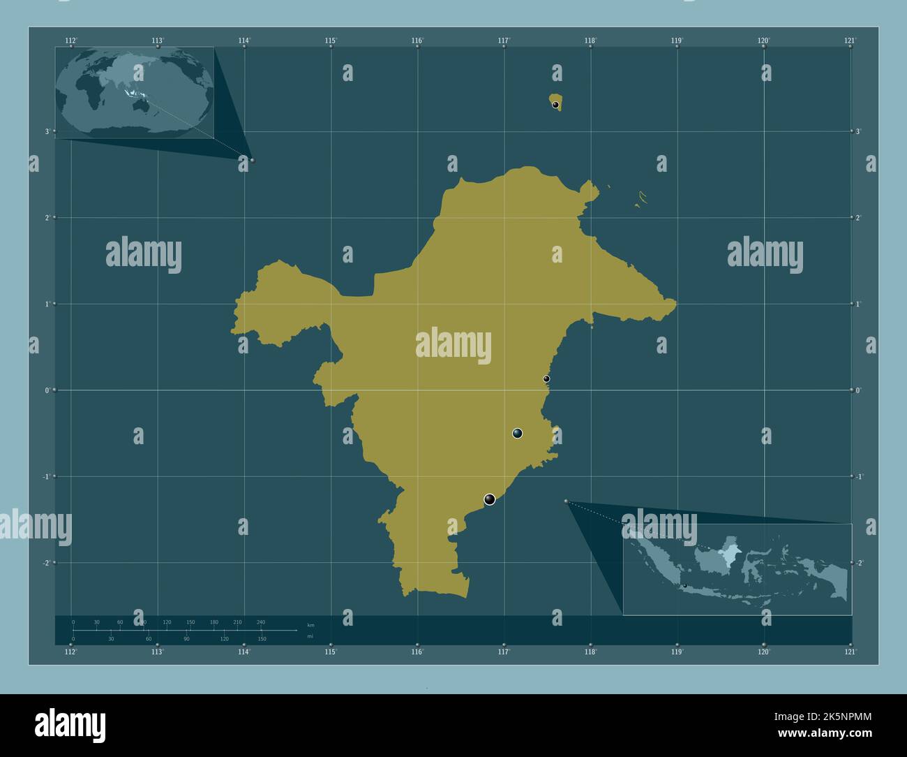 Kalimantan Timur, province of Indonesia. Solid color shape. Locations ...