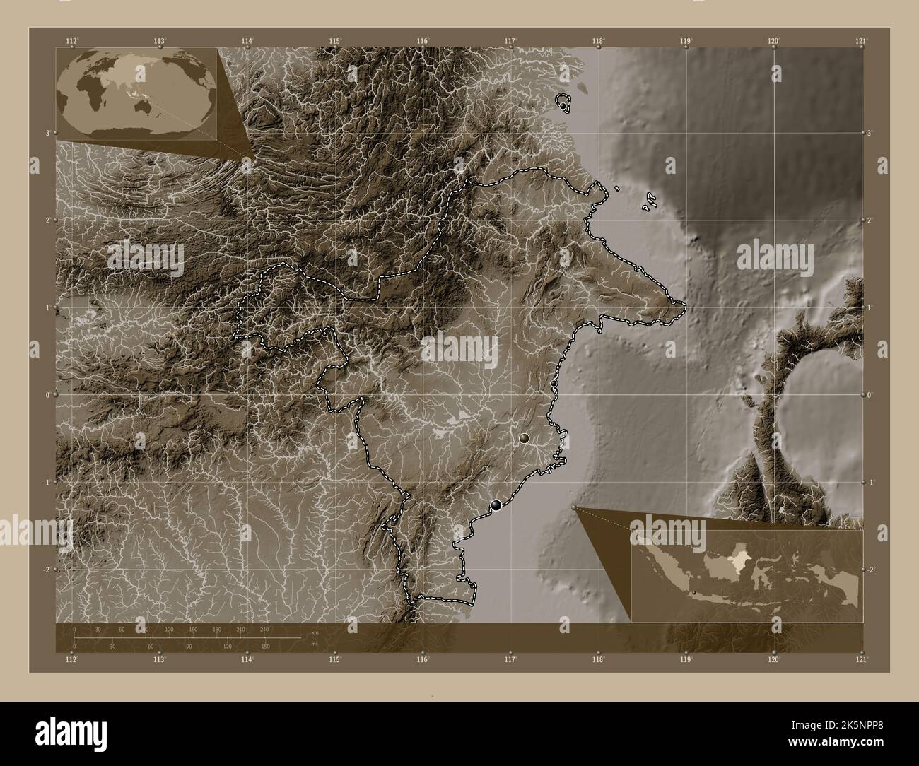 Kalimantan Timur, province of Indonesia. Elevation map colored in sepia ...