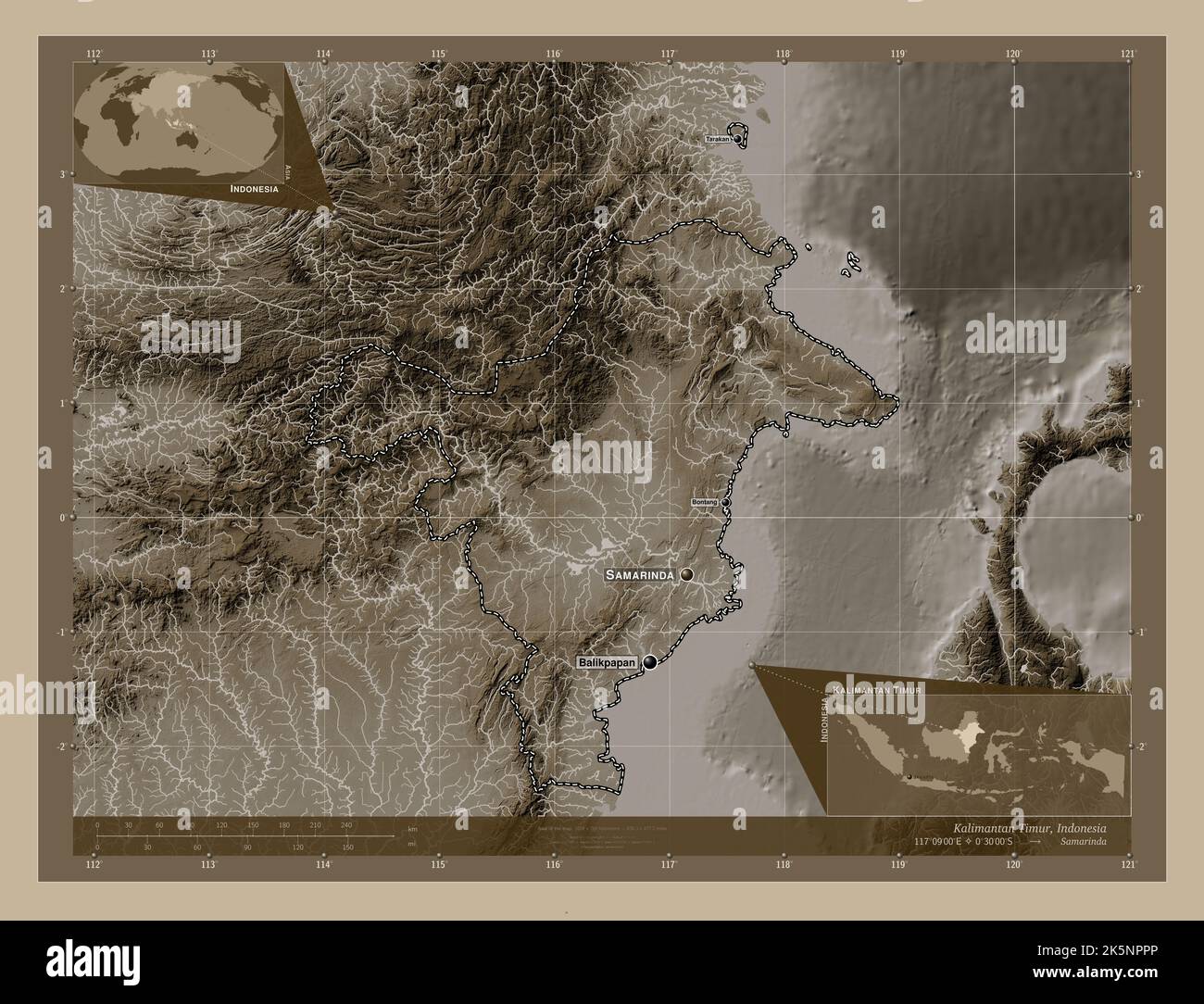 Kalimantan Timur, province of Indonesia. Elevation map colored in sepia ...