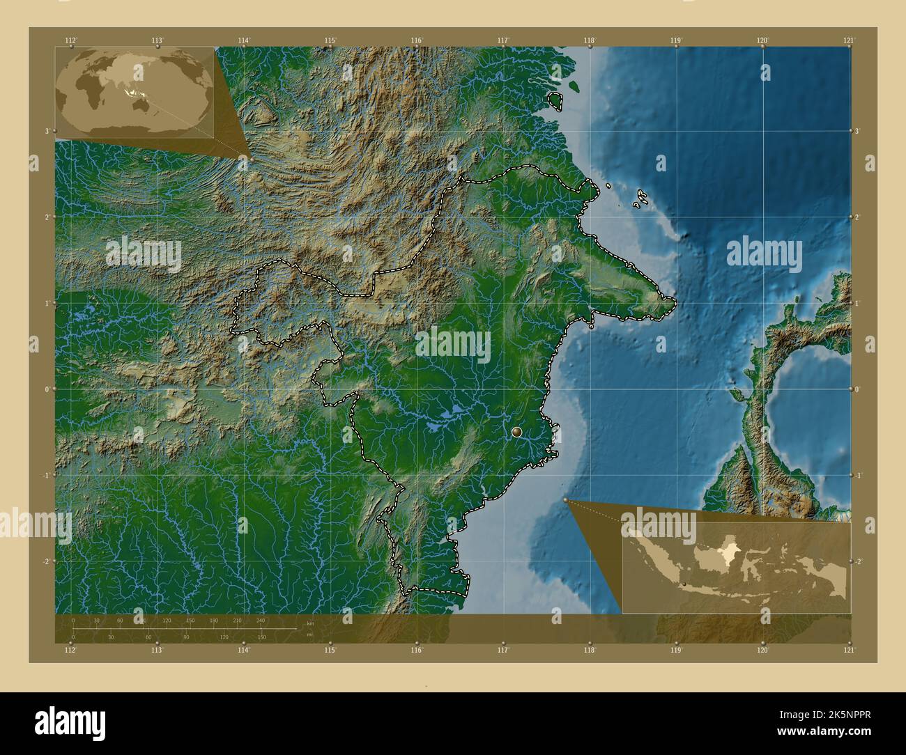 Kalimantan Timur, province of Indonesia. Colored elevation map with ...