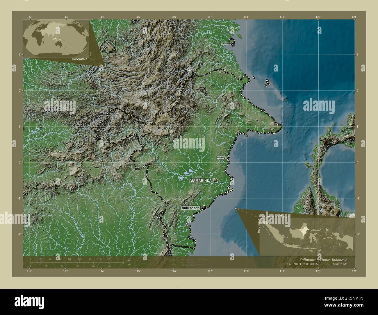 Kalimantan Timur, province of Indonesia. Elevation map colored in wiki ...