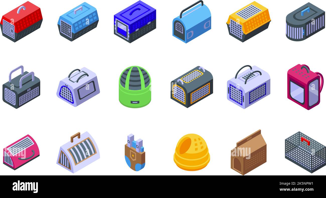 Cat carrier icons set isometric vector. Canine cage. Carrier crate ...