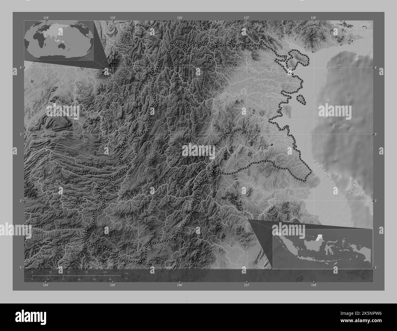 Kalimantan Utara, province of Indonesia. Grayscale elevation map with ...