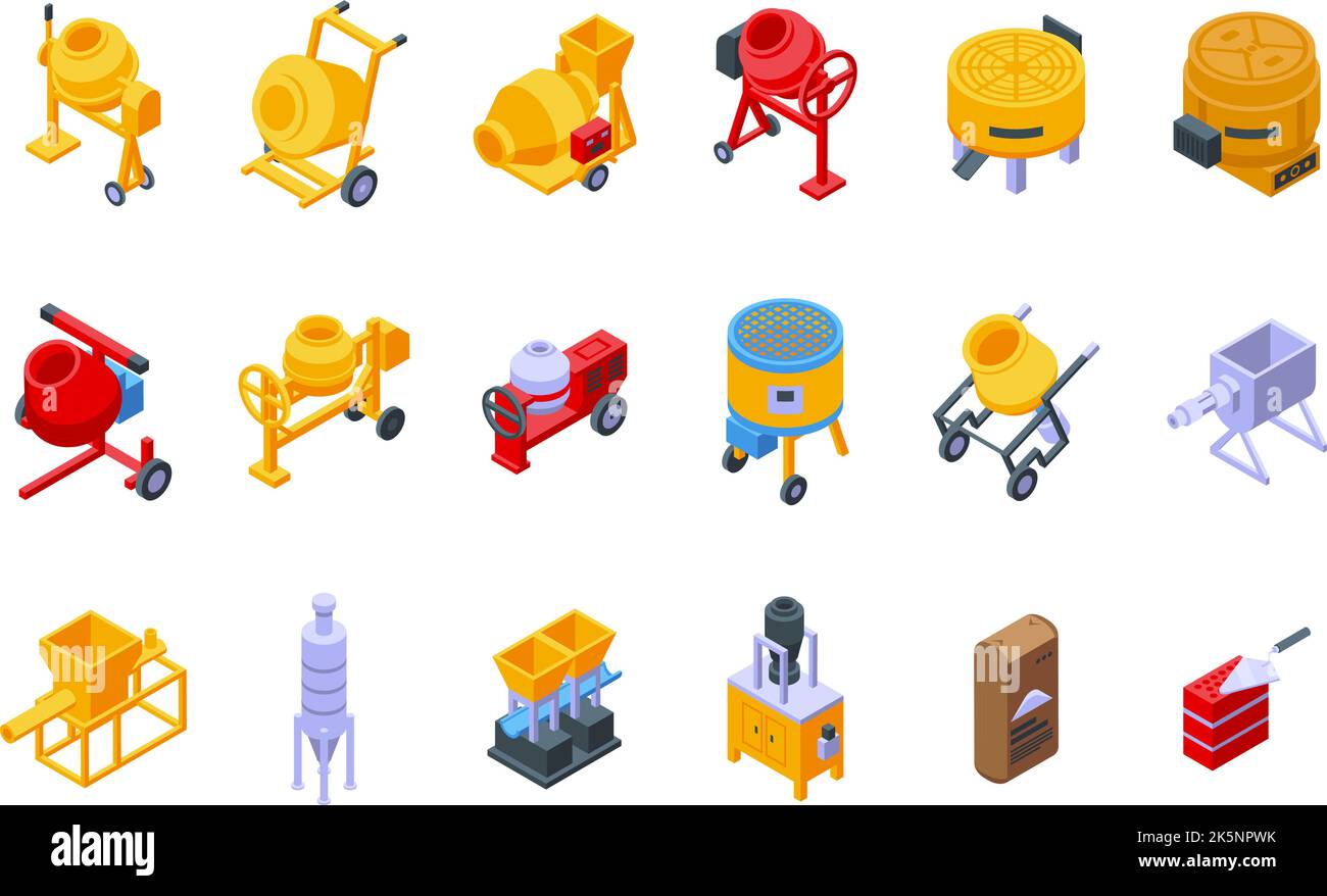Cement mixer icons set isometric vector. Concrete material. Worker mix ...