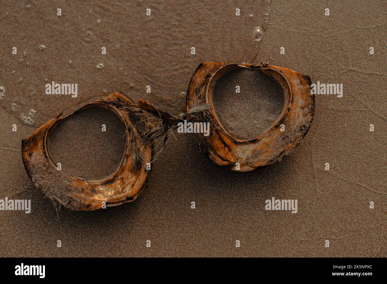 A close up shot of cracked coconut shells filled with sand at a beach ...
