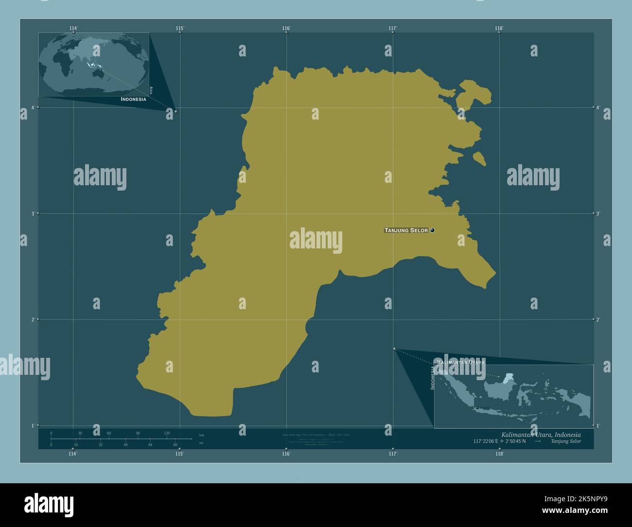 Kalimantan Utara, province of Indonesia. Solid color shape. Locations ...