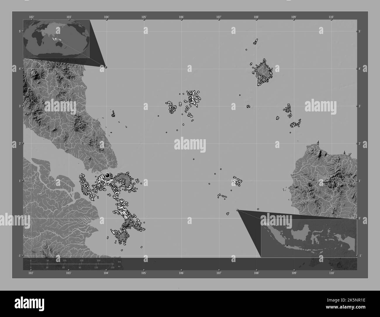 Kepulauan Riau, province of Indonesia. Bilevel elevation map with lakes ...