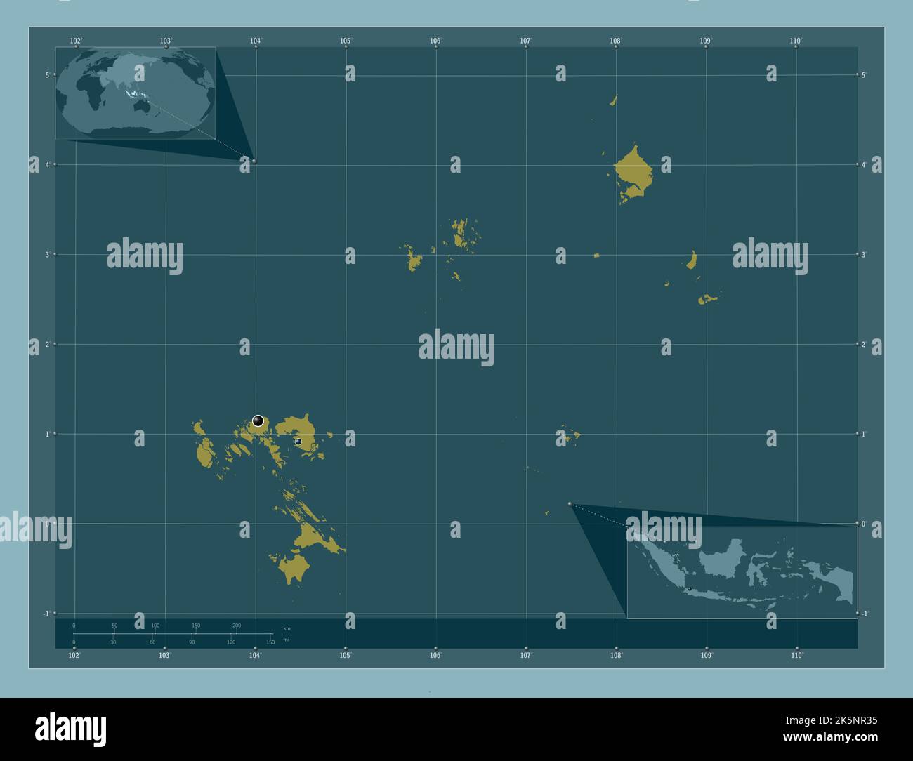 Kepulauan Riau, province of Indonesia. Solid color shape. Locations of ...