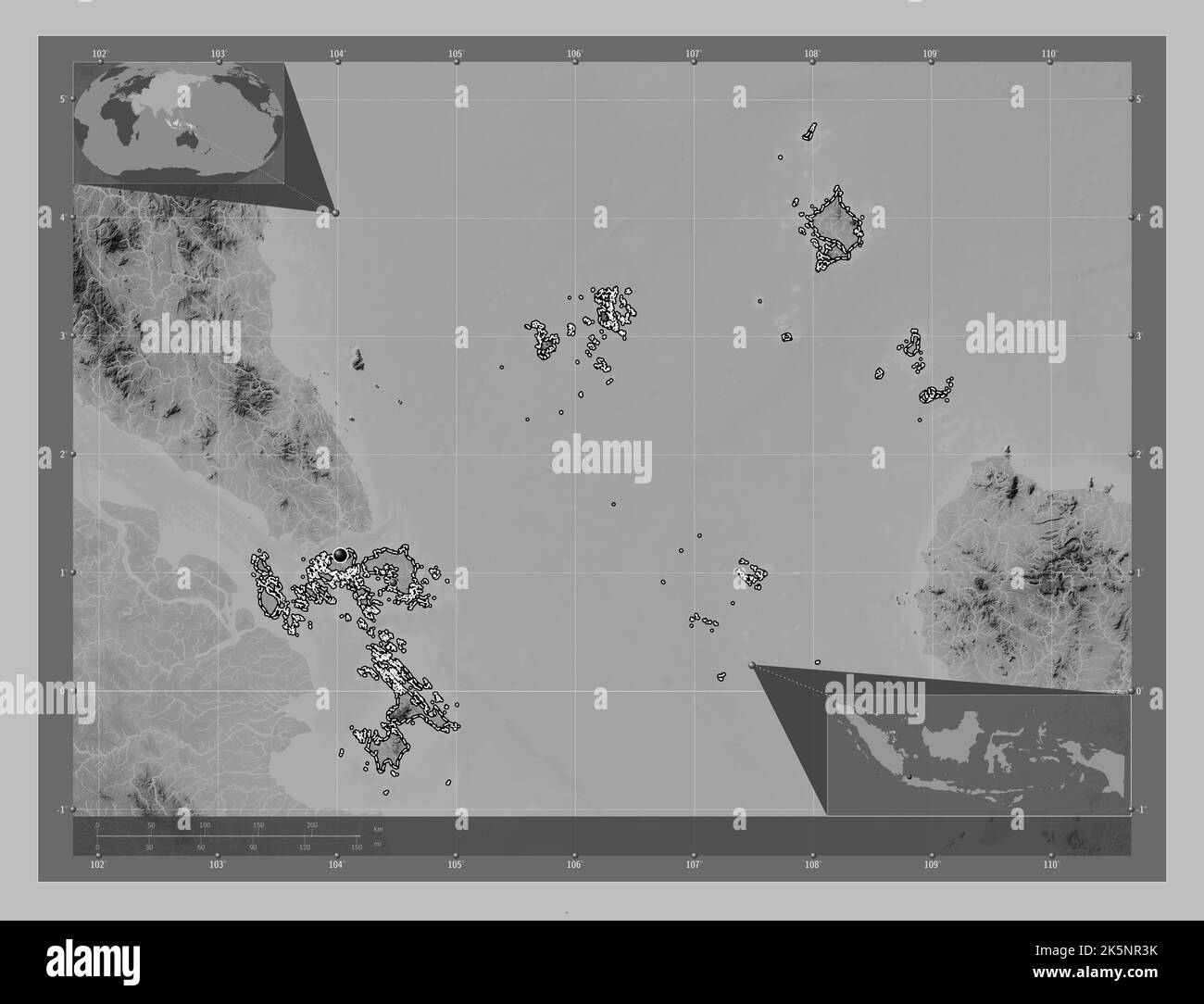 Kepulauan Riau, province of Indonesia. Grayscale elevation map with ...
