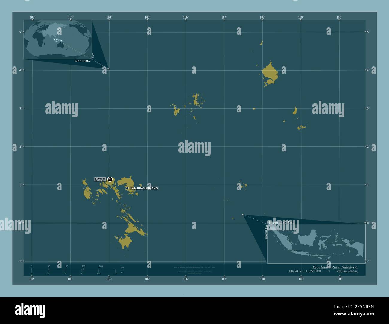 Kepulauan Riau, province of Indonesia. Solid color shape. Locations and ...