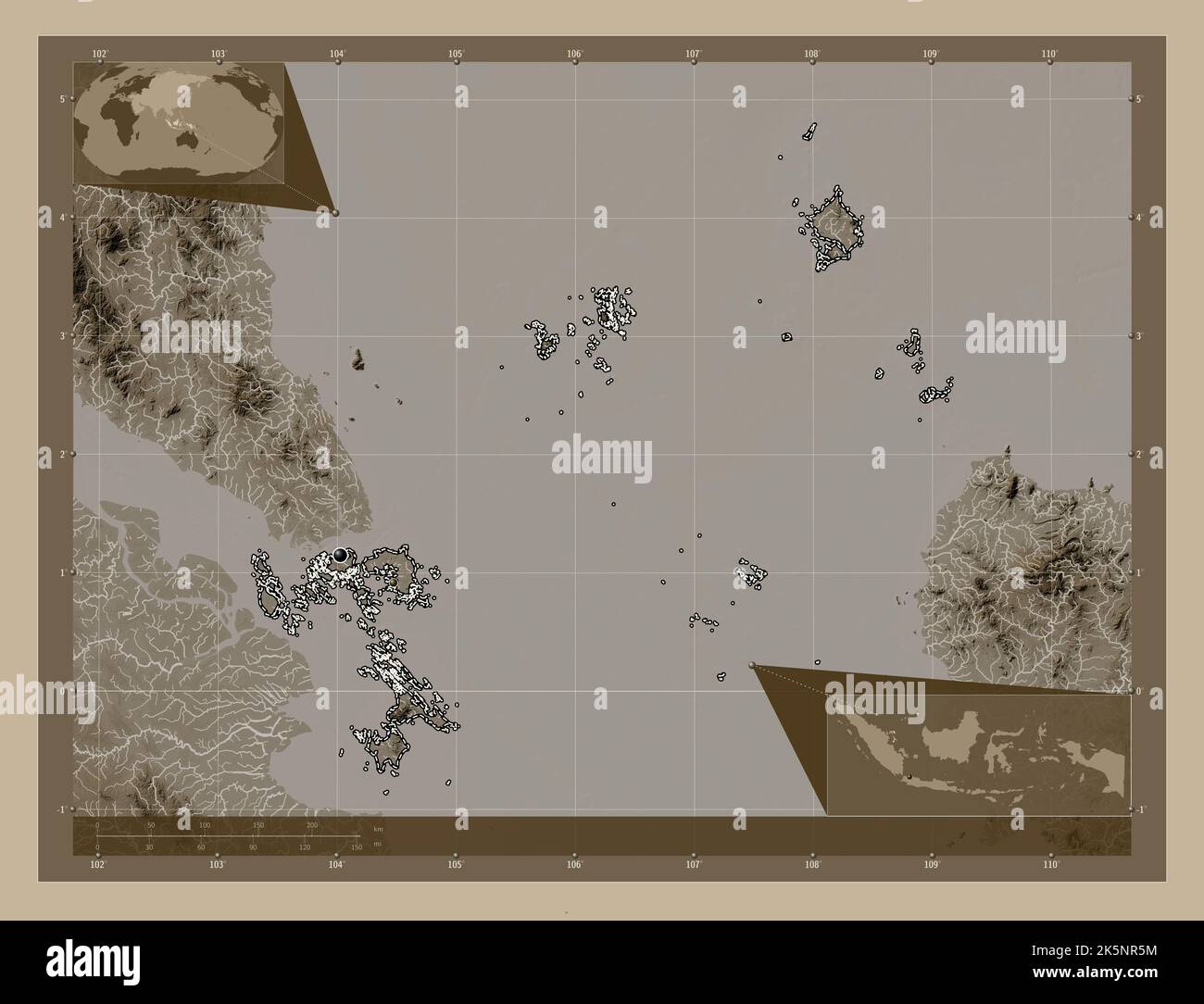 Kepulauan Riau, province of Indonesia. Elevation map colored in sepia ...