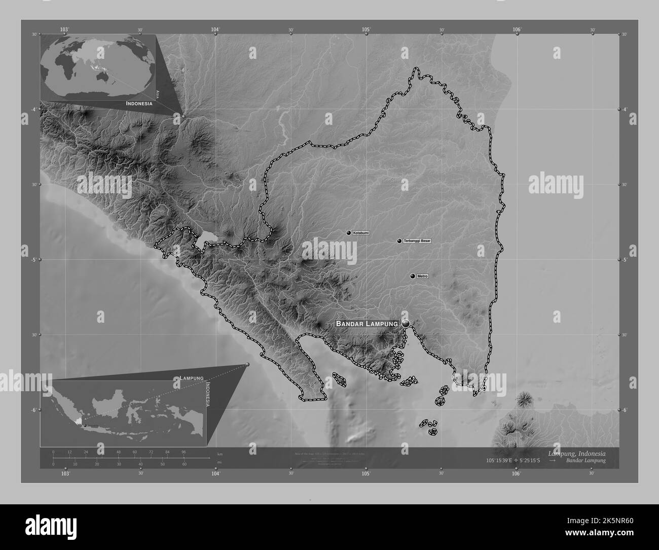 Lampung, province of Indonesia. Grayscale elevation map with lakes and ...
