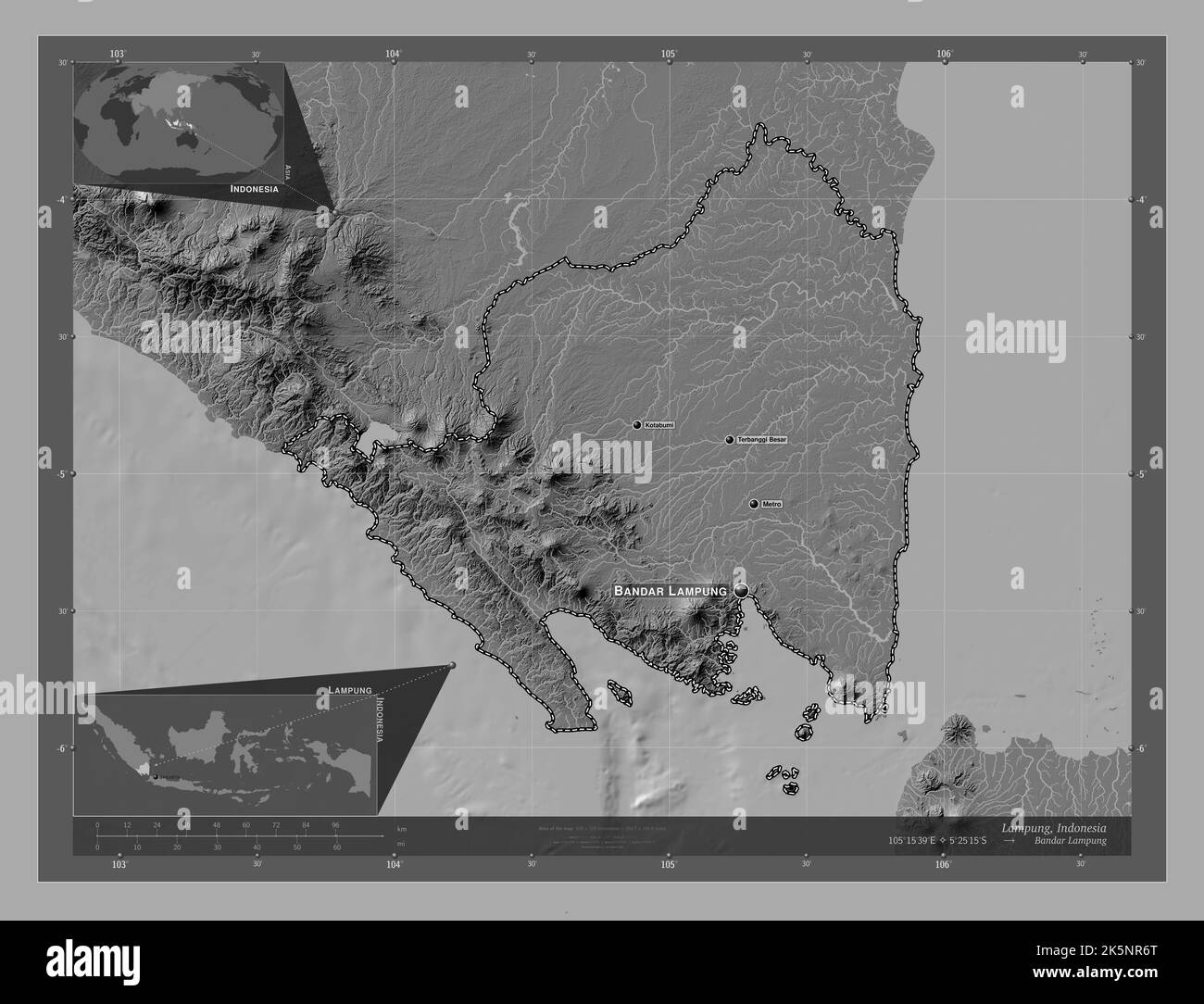 Lampung, province of Indonesia. Bilevel elevation map with lakes and ...