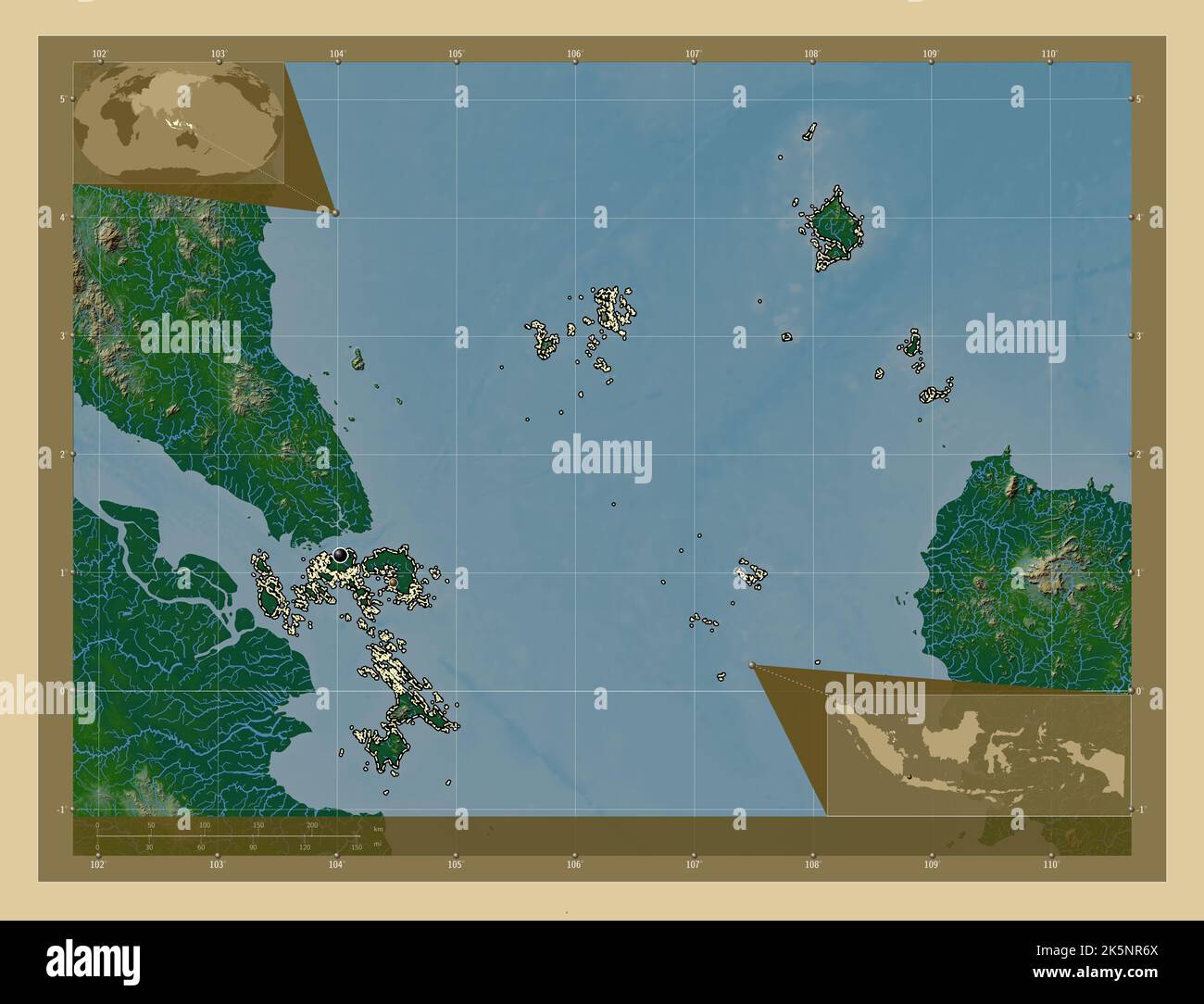 Kepulauan Riau, province of Indonesia. Colored elevation map with lakes ...