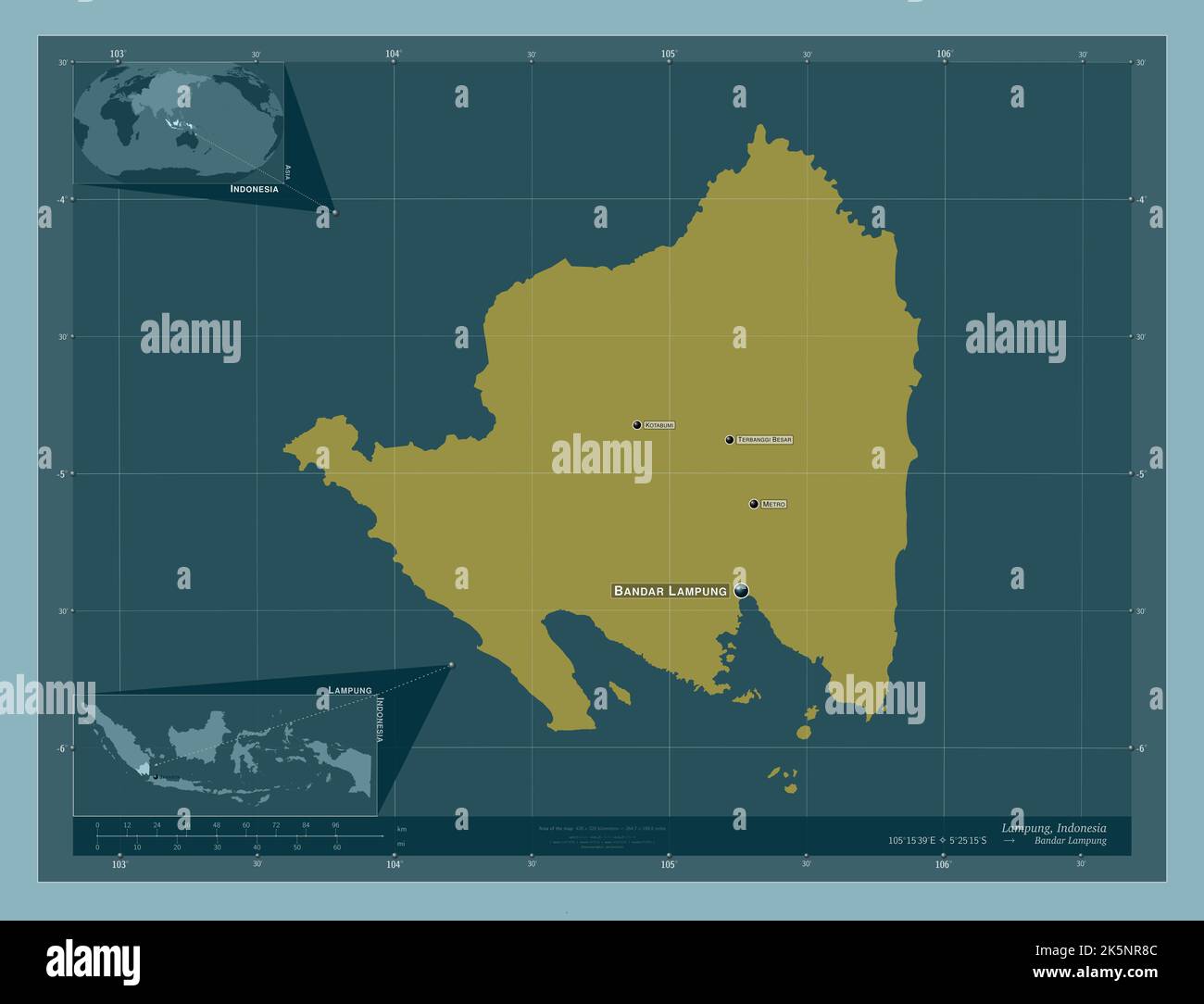 Lampung, province of Indonesia. Solid color shape. Locations and names ...