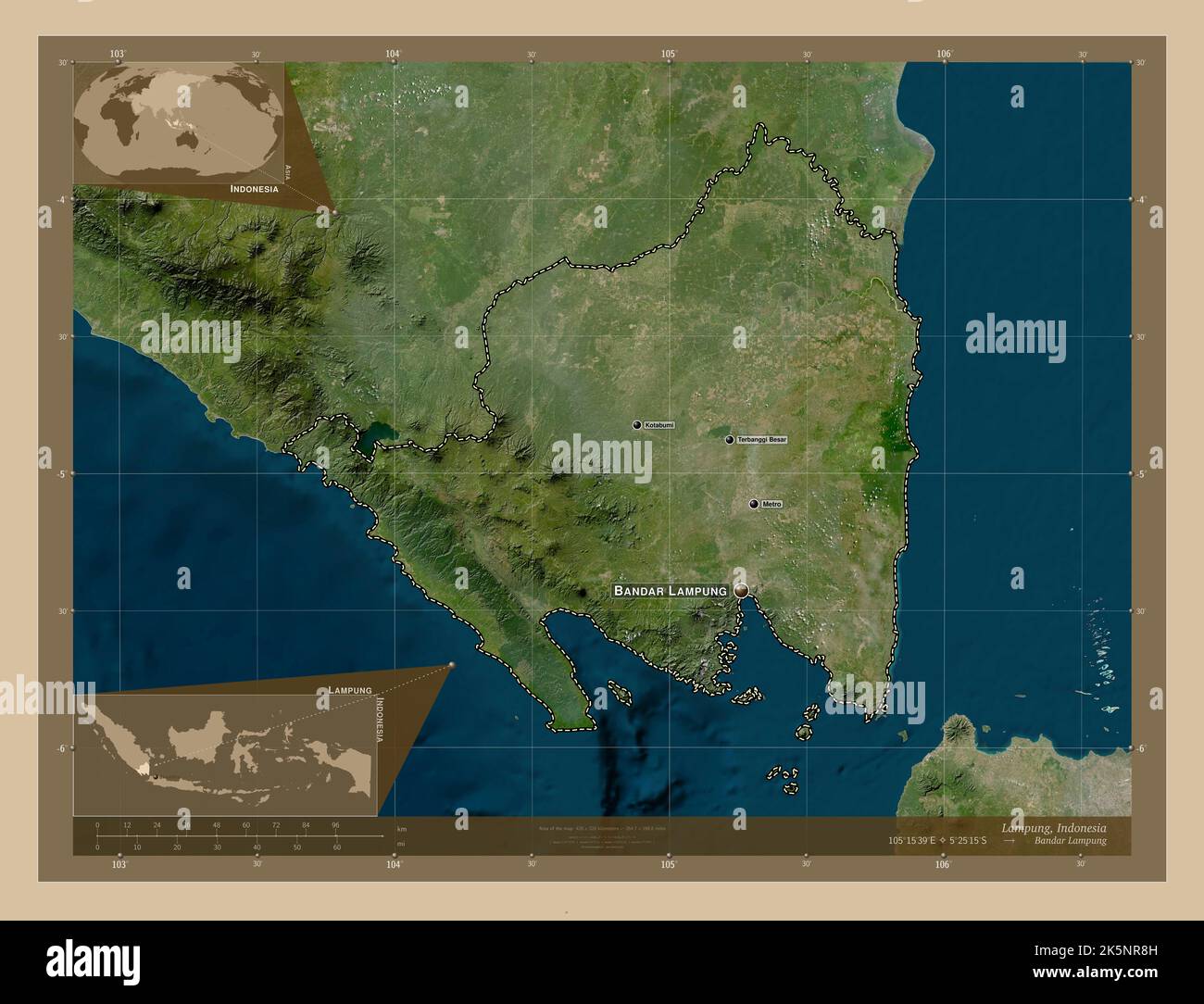 Lampung, province of Indonesia. Low resolution satellite map. Locations ...