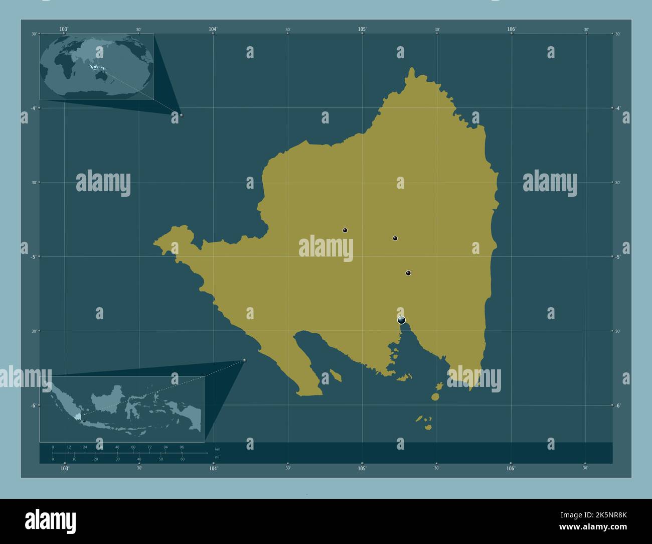 Lampung, province of Indonesia. Solid color shape. Locations of major ...