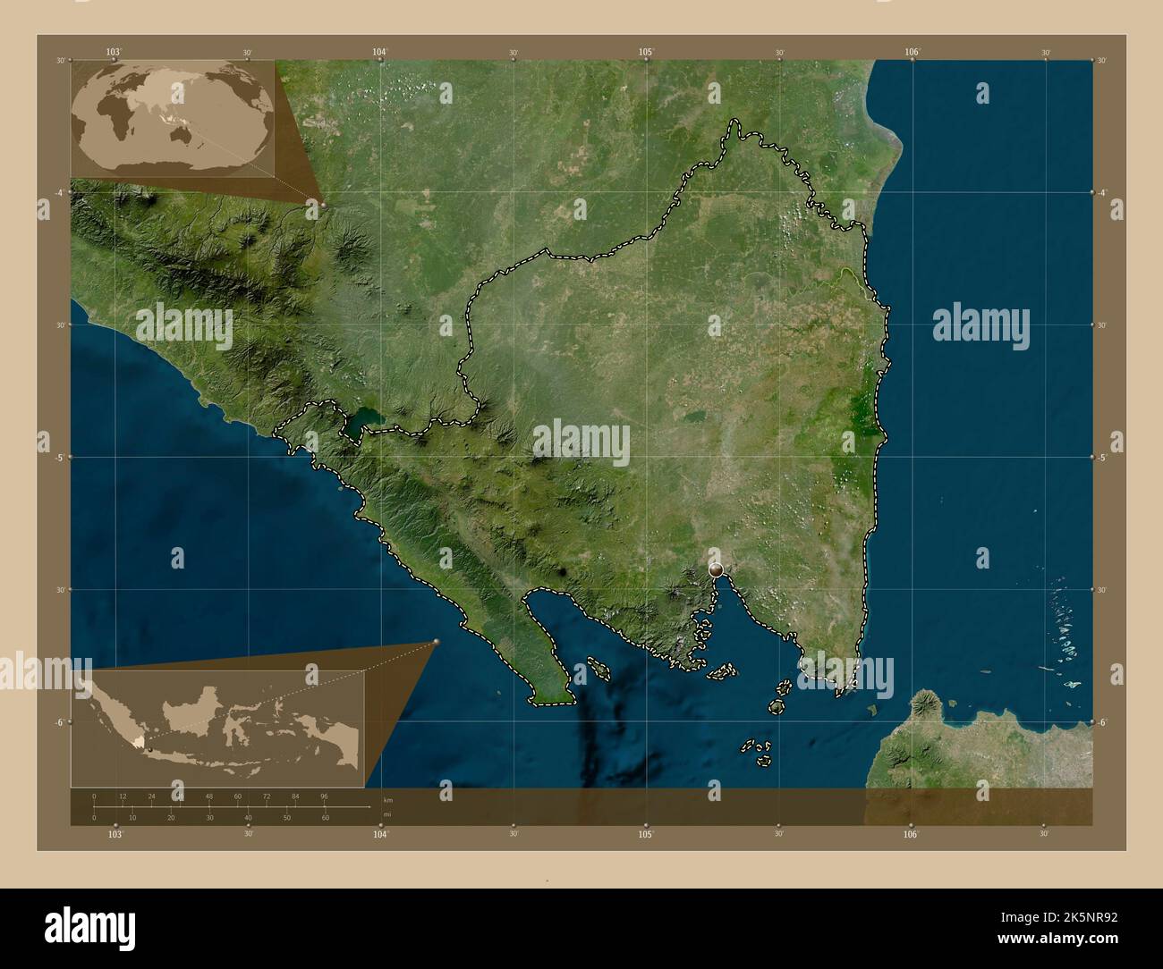 Lampung, province of Indonesia. Low resolution satellite map. Corner ...