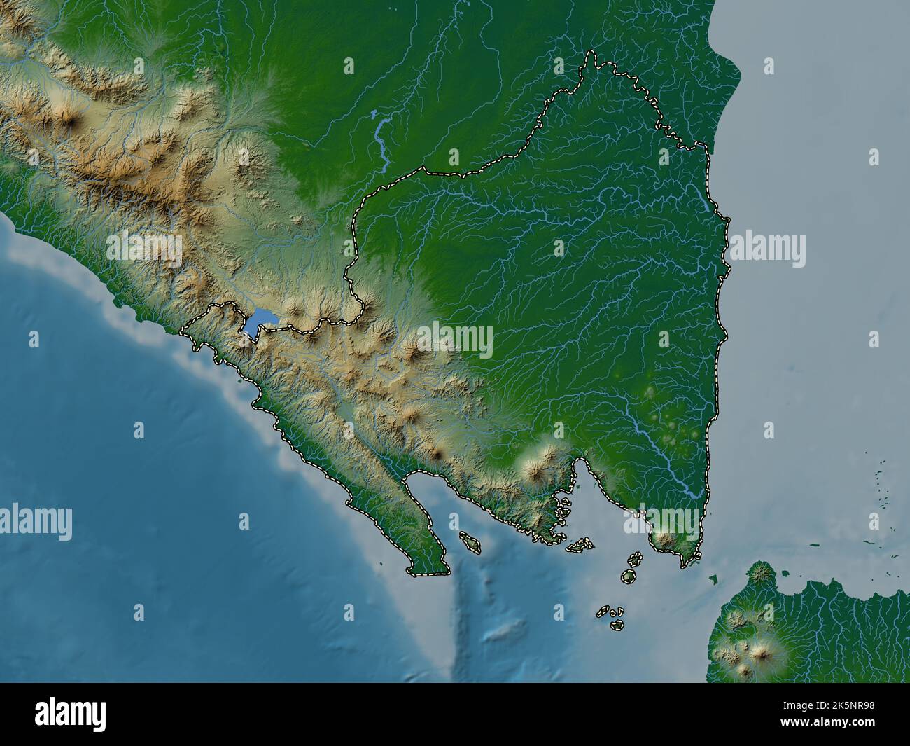 Lampung, province of Indonesia. Colored elevation map with lakes and ...