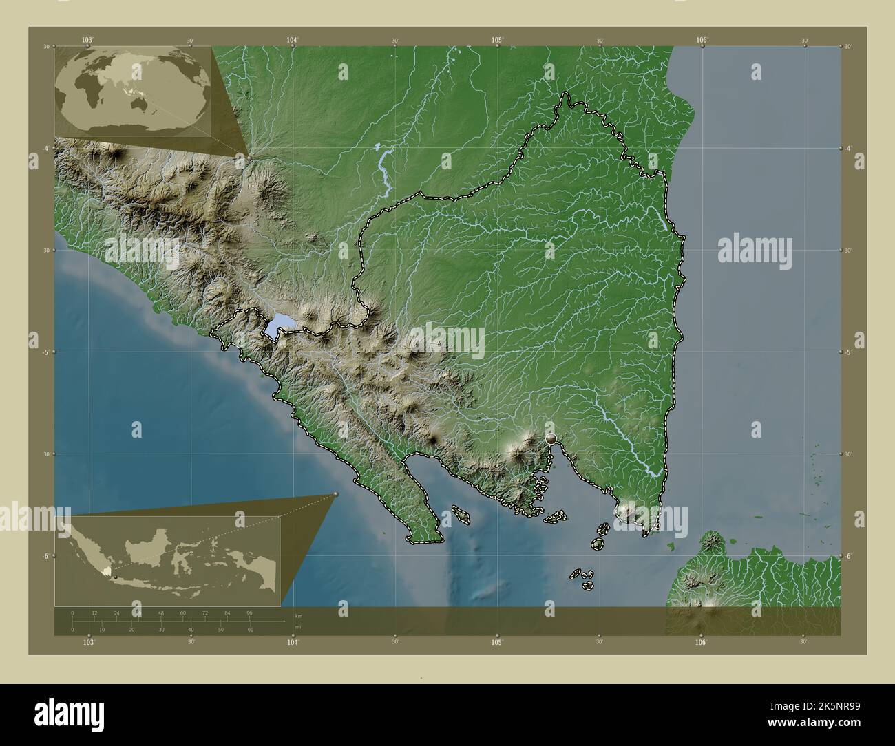 Lampung, province of Indonesia. Elevation map colored in wiki style ...
