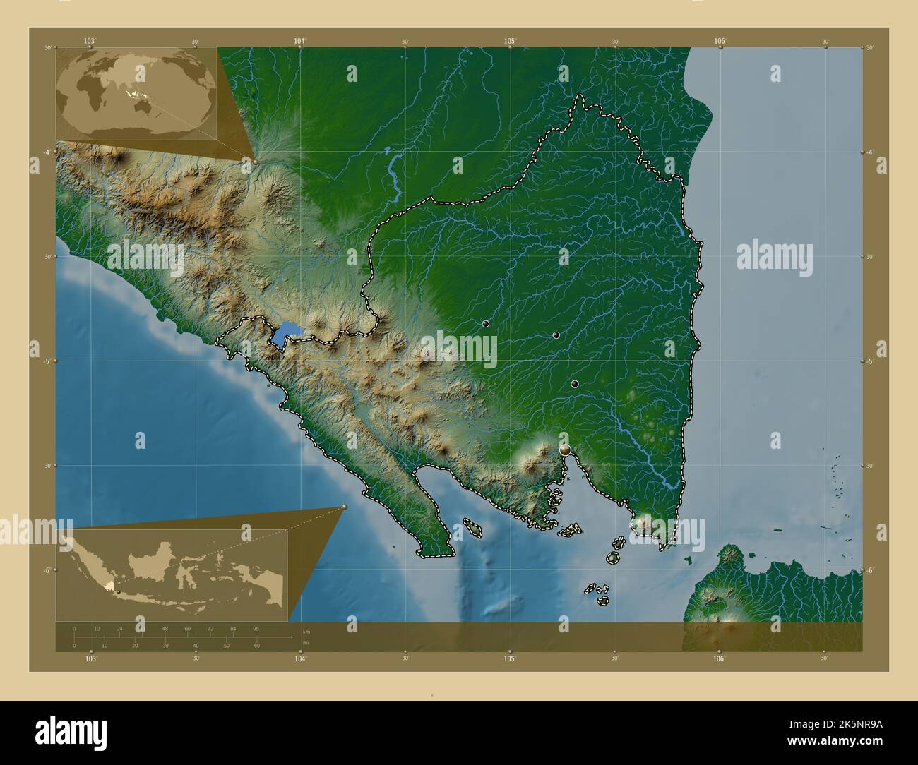 Lampung, province of Indonesia. Colored elevation map with lakes and ...