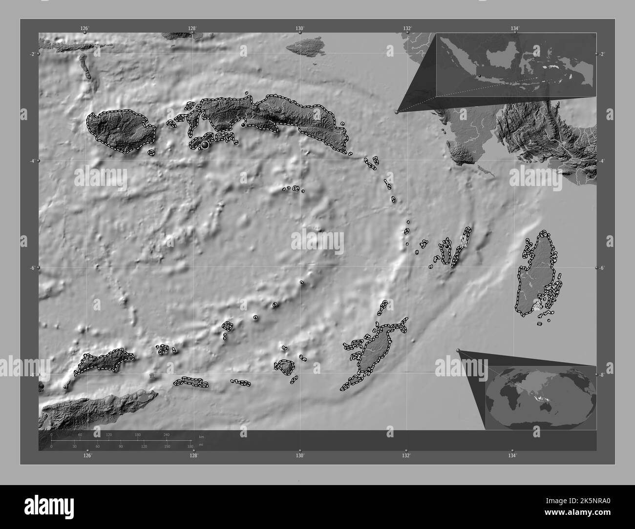 Maluku, province of Indonesia. Bilevel elevation map with lakes and ...