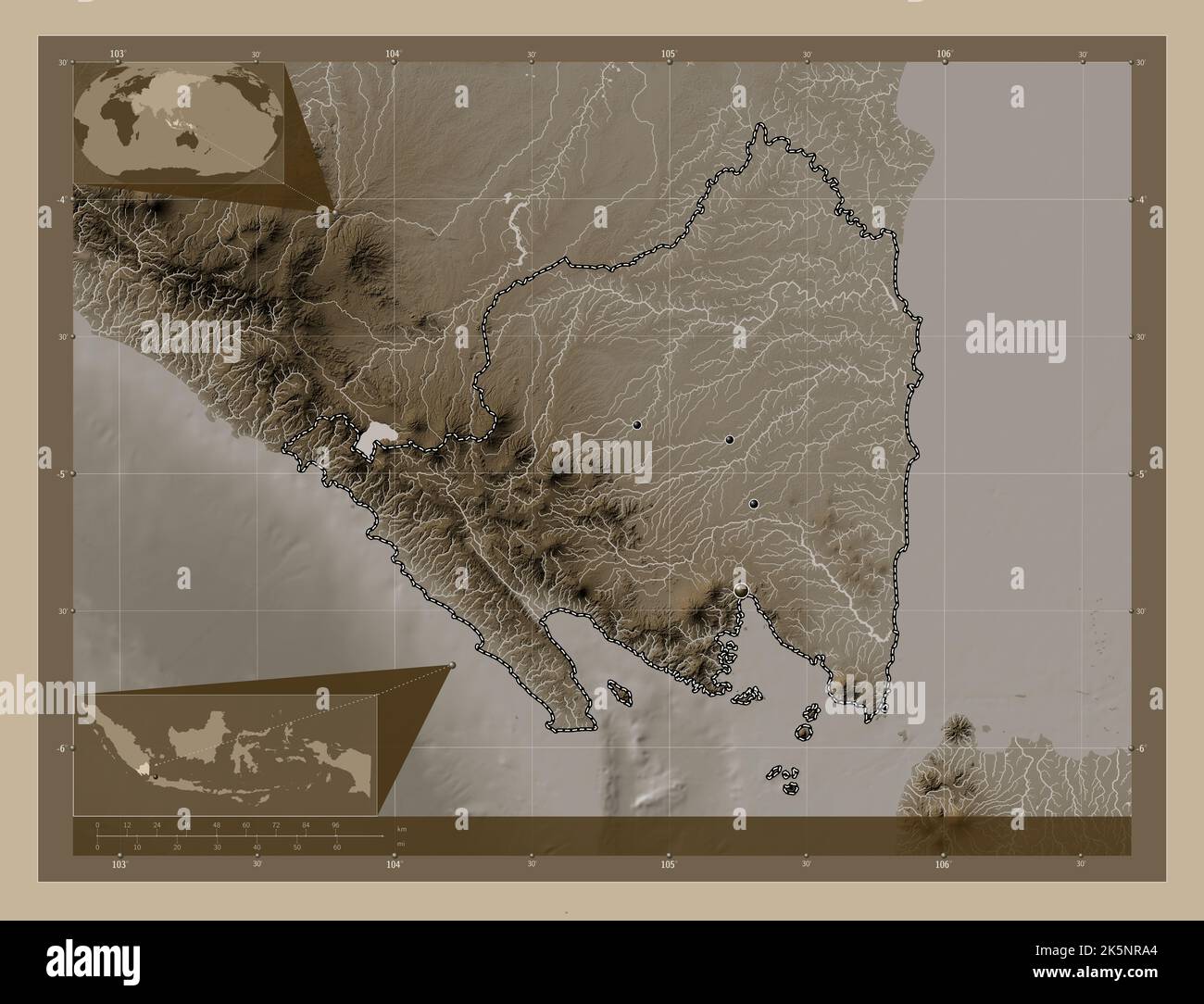 Lampung, province of Indonesia. Elevation map colored in sepia tones ...