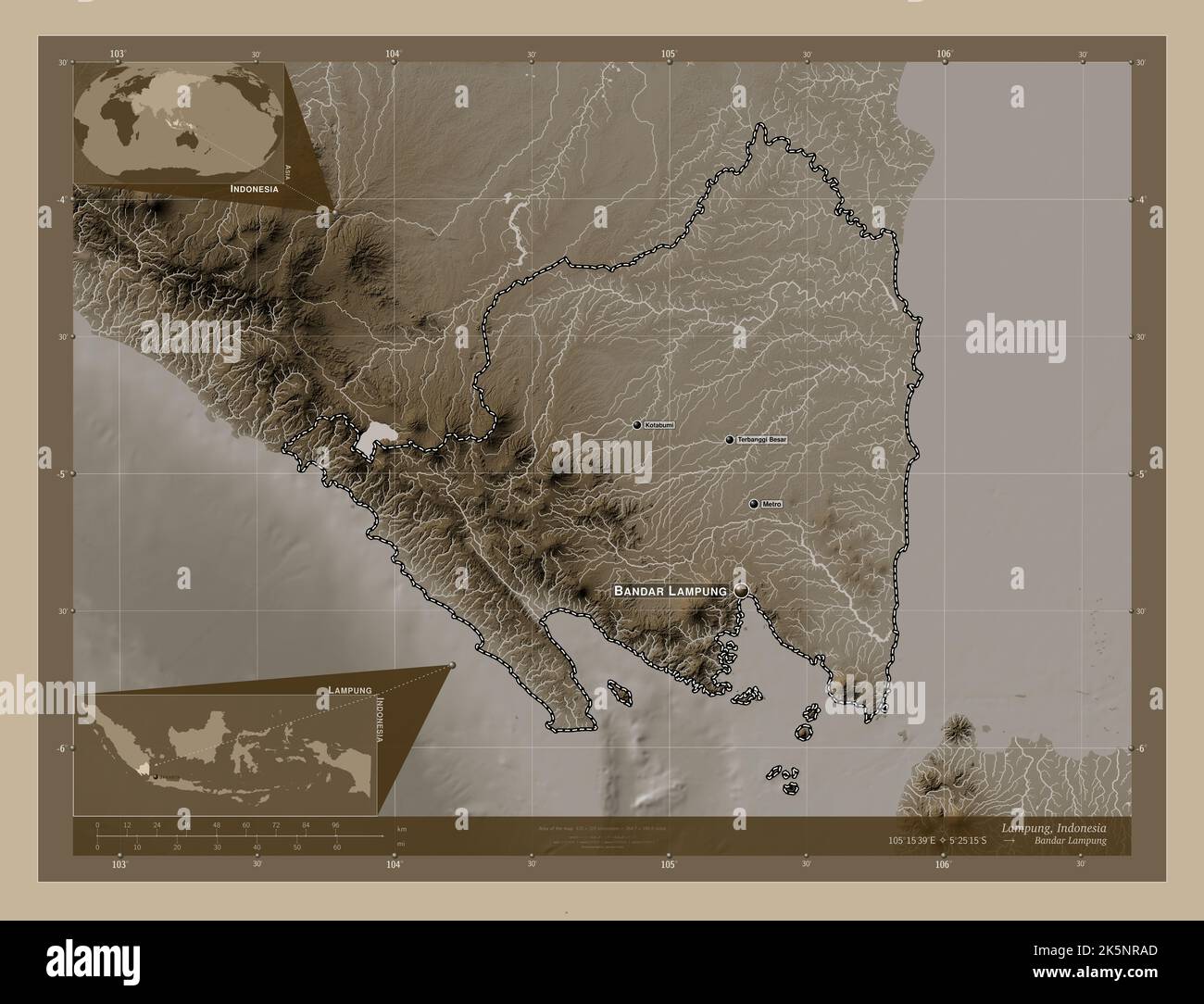 Lampung, province of Indonesia. Elevation map colored in sepia tones ...